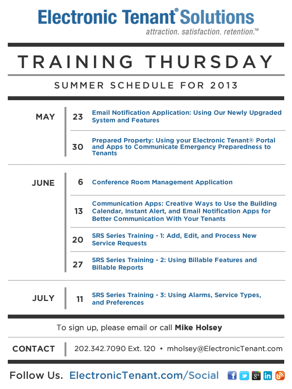 Training Thursday – Summer 2013 Schedule – Electronic Tenant Solutions Blog